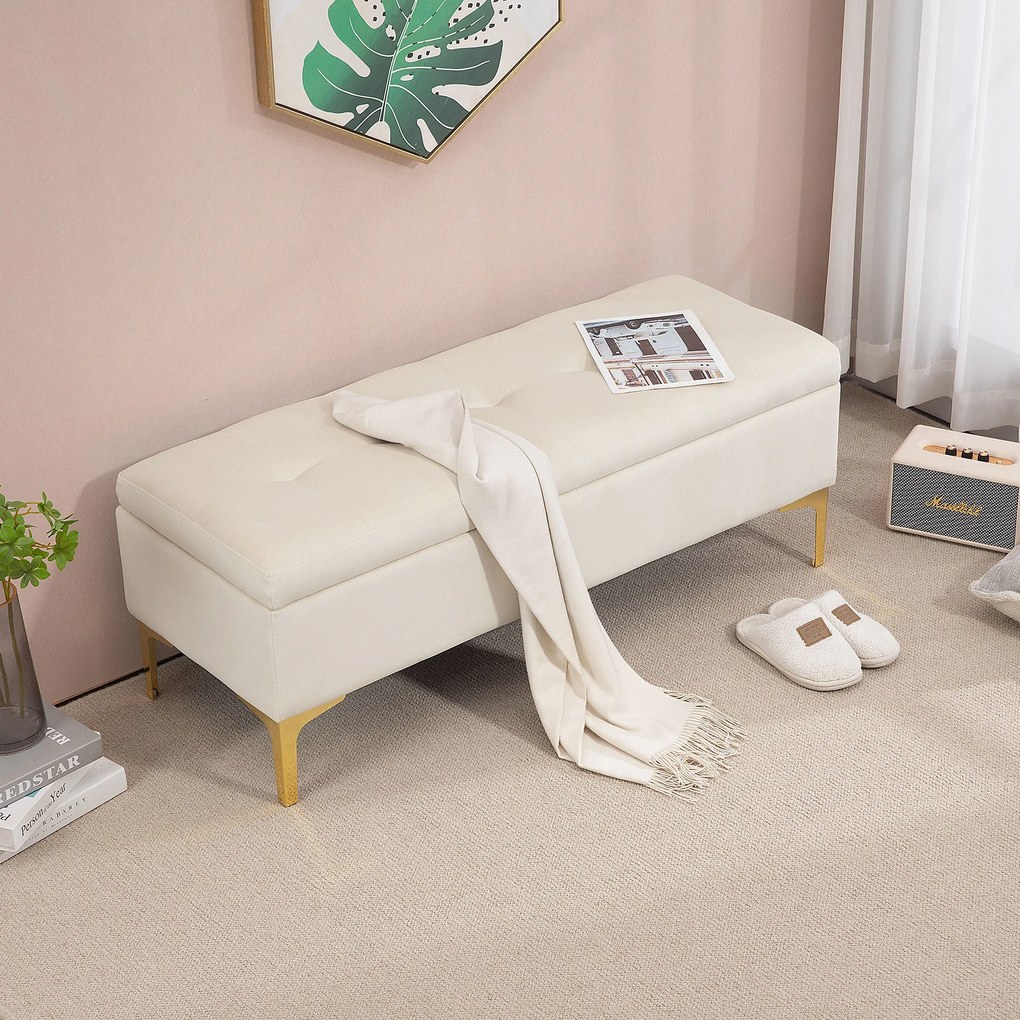 HOMCOM Lavice s úložným prostorem čalouněná lavice sametový vzhled kovové nohy lavice do obývacího pokoje ložnice předsíně 120 x 44,5 cm béžová