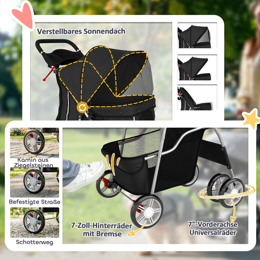 PawHut Skládací kočárek pro psy s reflexními pruhy Úložný koš Polštář pro malé psy do 10 kg 77x44x102 cm Černá barva