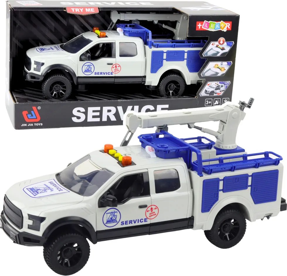 LEAN Toys Servisní auto s jeřábem, světla a zvuky, bílé, 1:12