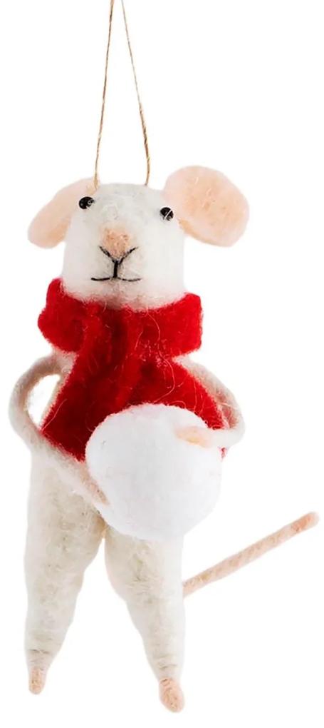 sass & belle Vánoční ozdoba Mouse with Snowball, červená barva
