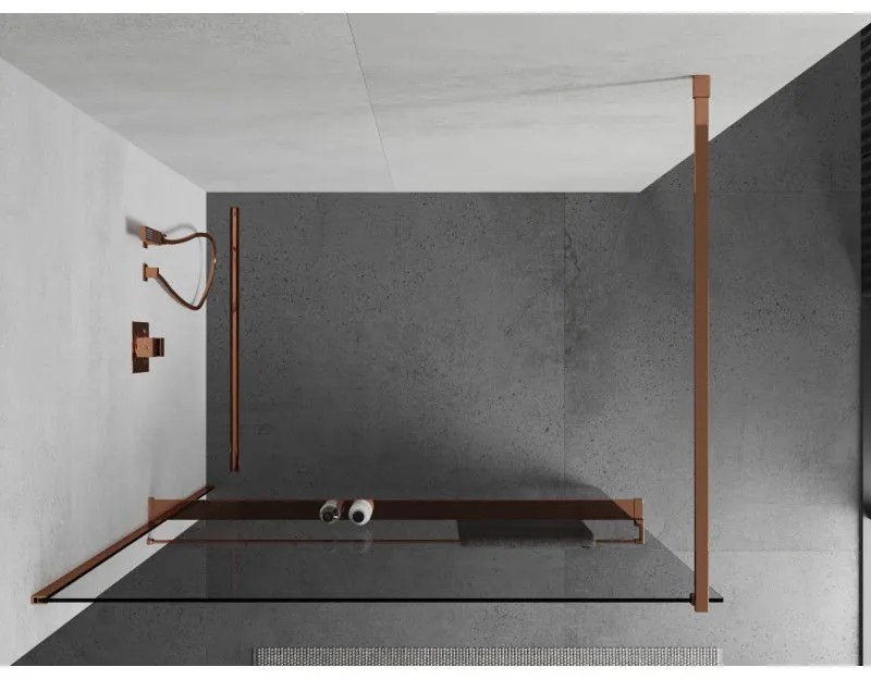 Mexen Kioto, sprchová zástěna Walk-in s poličkou a věšákem 135 x 200 cm, 8mm čiré sklo, profil růžové zlato, 800-135-121-60-00