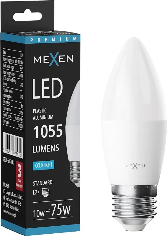 Mexen Nova, LED žárovka E27, C37, 10W, Studená - 6500K, 1055 lm - L102-E27-1065-01