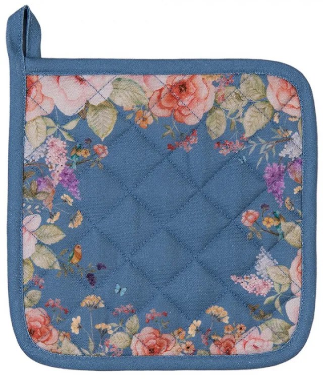 Modrá bavlněná chňapka / podložka pod hrnec s květinovým motivem Floral Fiesta – 20x20 cm