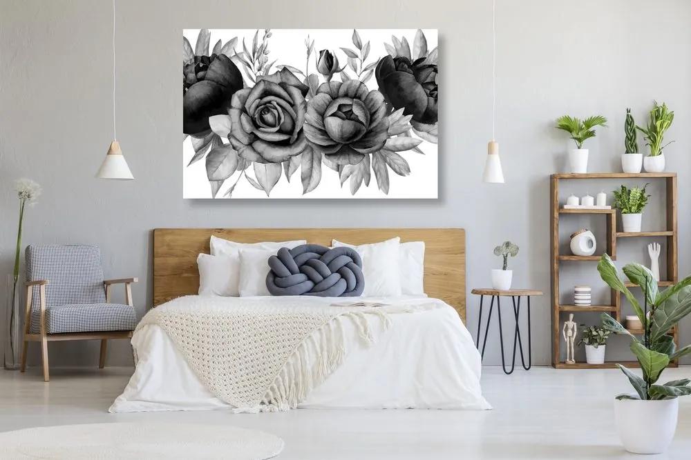 Obraz okouzlující kombinace květů a listů v černobílém provedení Varianta: 90x60