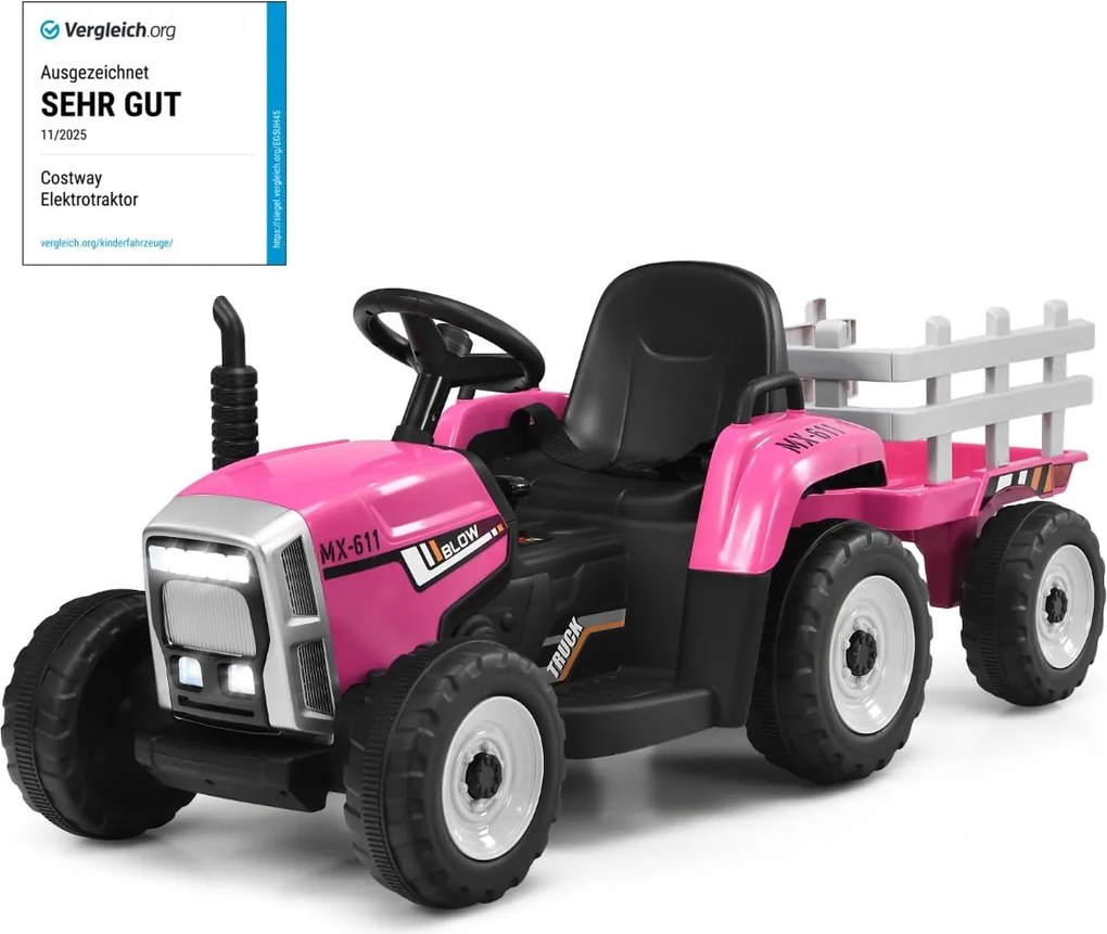 Costway 12 V dětský traktor s přívěsem elektrické autíčko – 135 × 51 × 53 cm