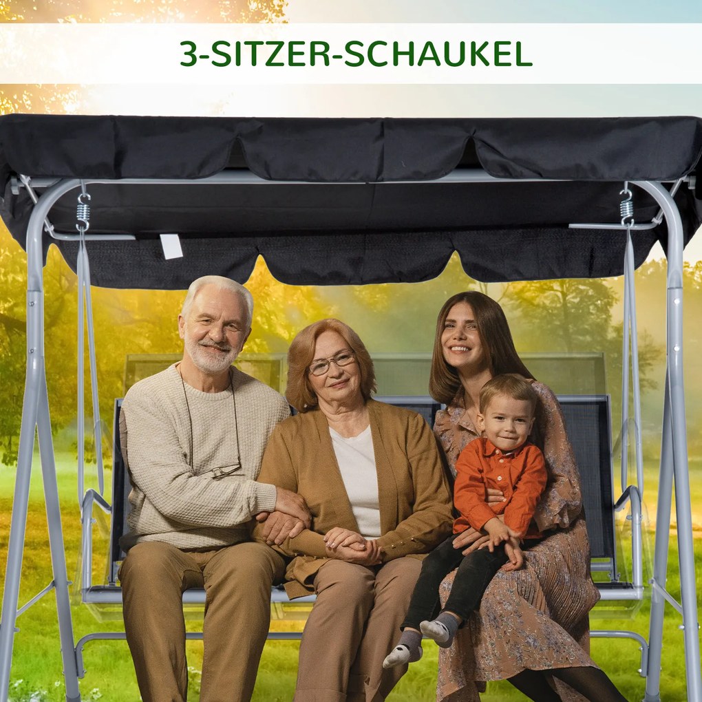 Outsunny Hollywoodská houpačka 3místná elegantní zahradní houpačka se střechou kovový rám černá stříbrná 171x108x154cm pro zahradní terasu |