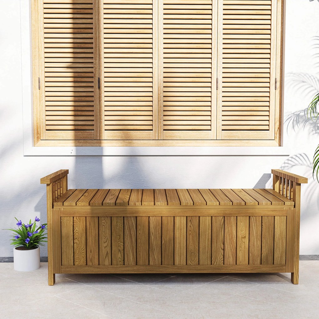 Dřevěná zahradní lavice Outsunny pro 2 osoby s úložným prostorem 186L, venkovní lavice s opěrkami na ruce, nosnost 240 kg, pro zahradu nebo balkon, 12
