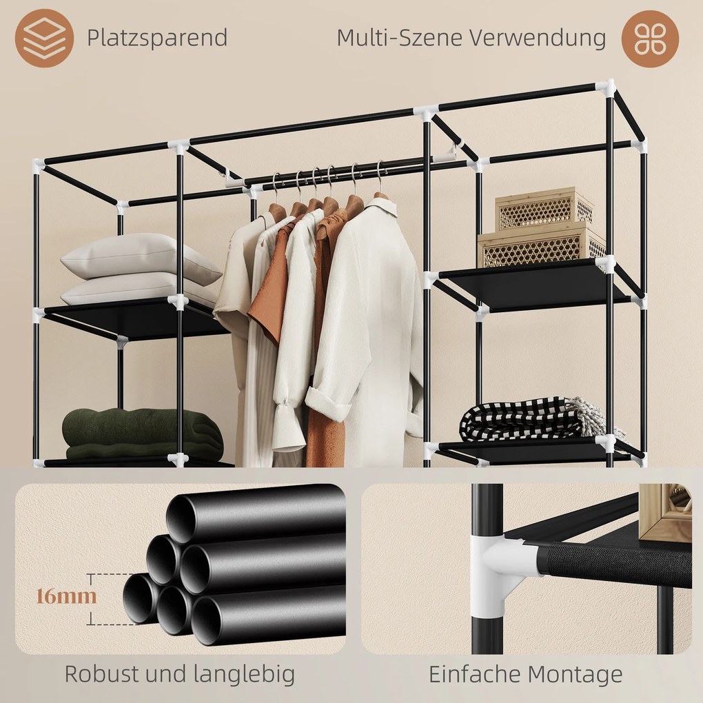 HOMCOM Látková šatní skříň na zip, 1 tyč na šaty, 10 polic, 150x43x162,5cm, netkaná textilie, prostorově úsporná a robustní | Aosom.de
