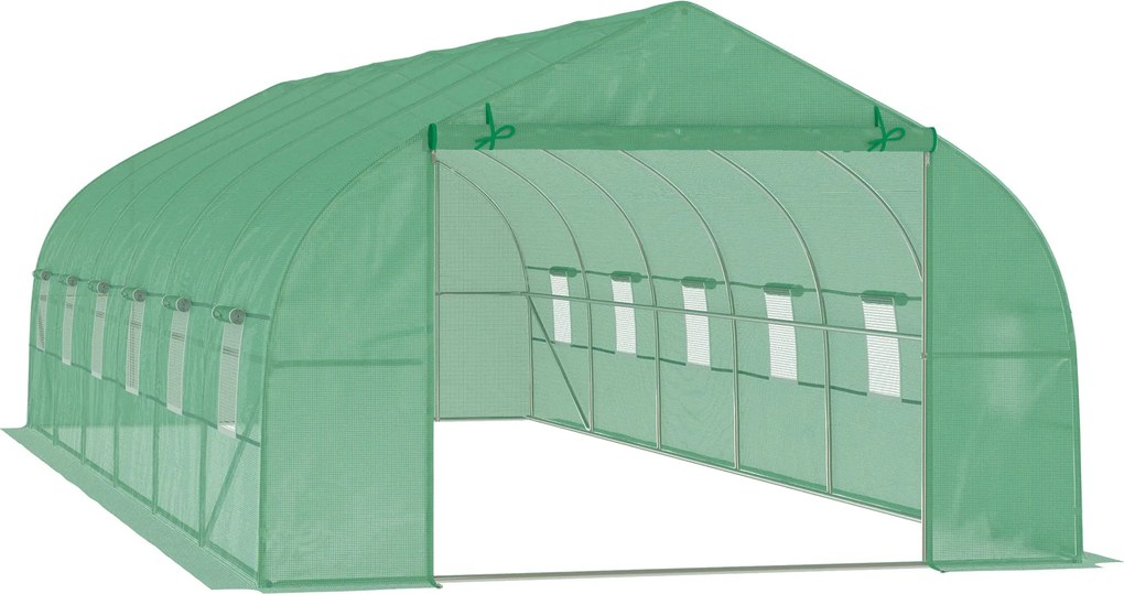 Outsunny Zahradní Greenhouse Tunel 8x3x2 m se 12 Okny a Rolovacím Dveřmi pro Pěstování Rostlin Rajčat a Zeleniny - Ocel a PE 140 g/m² Zelená