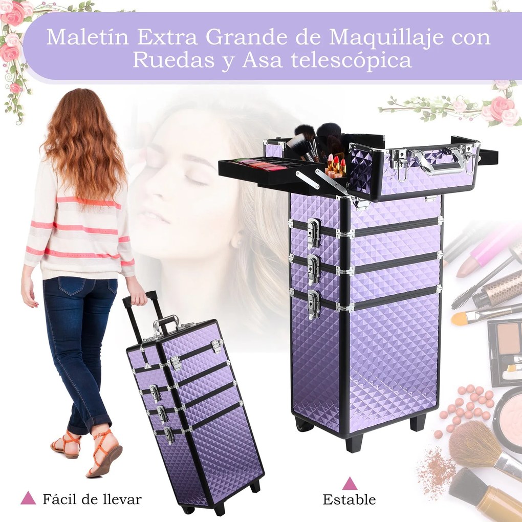 HOMCOM Profesionální Make-up Kufr s Univerzálními Kolíky, Různé Úrovně, Rozšiřitelná Rukojeť, Make-up Trolley Hliníková Slitina 33.5x23x76/95.5 cm Fi…