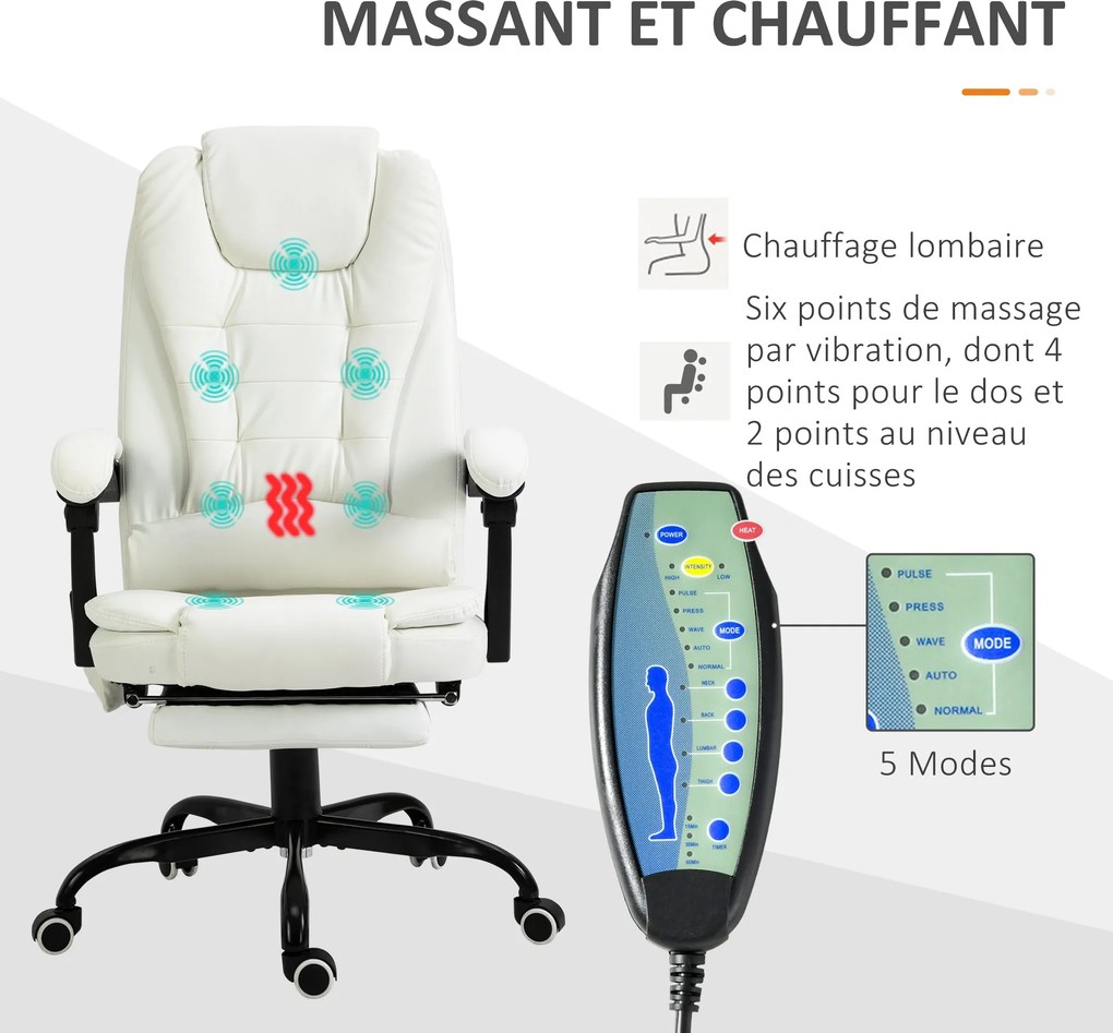 Vinsetto Masážní Kancelářská Židle, Ergonomická Židle s Nastavitelnou Výškou, Sklopným Opěradlem a Ovládáním na Kabel, Sklopnou a 360° Otočnou Podnož…
