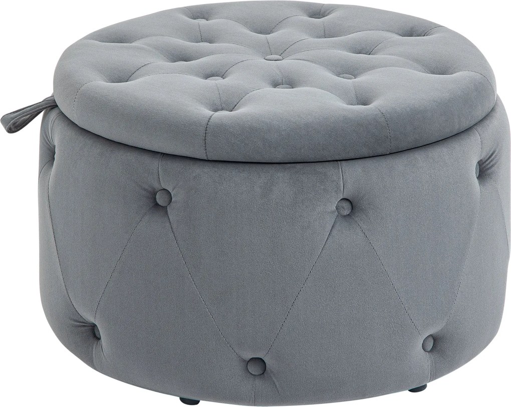 HOMCOM Úložný taburet, polstrovaný podnoh s víkem, kulatý puff, taburet s sametovým povrchem, knoflíky pro obývací pokoj, šedý, Ø60 x 40 cm | Aosom