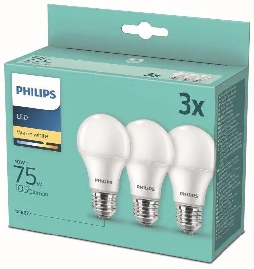 Philips 8718699775544 led sada žárovek 3x10w-75w | e27 | 1055lm | 2700k - set 3ks, bílá