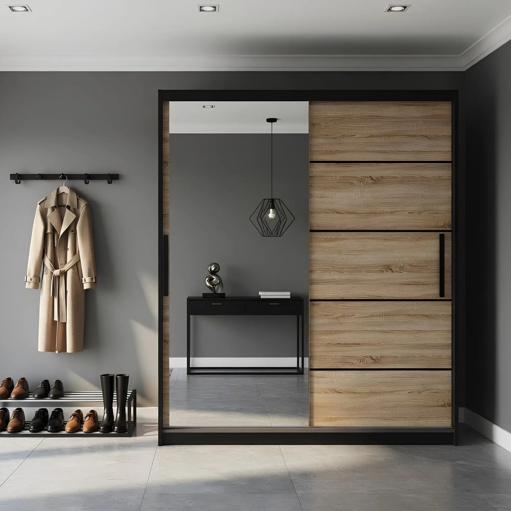 Šatní skříň 158 cm Belini černý mat / dub sonoma s posuvnými dveřmi a zrcadlem MZ SZP3/1/B/DS/0/BL