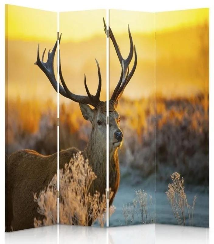 Ozdobný paraván Západ slunce s jelenem - 145x170 cm, čtyřdílný, klasický paraván