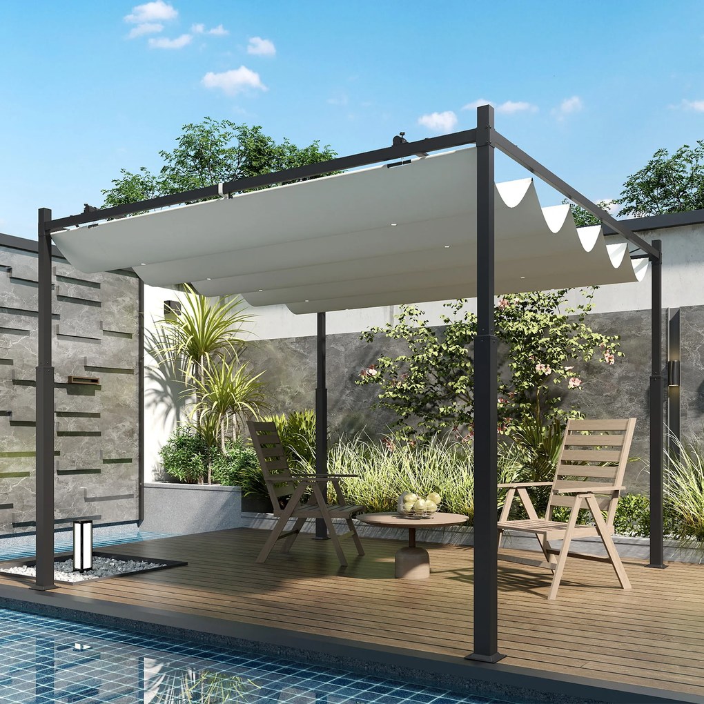 Outsunny pergola cca 3x3m, kovová střecha na terasu, zahradní pavilon s nastavitelnou střechou, volně stojící, UV ochrana 30+, na terasu a zahradu, k…