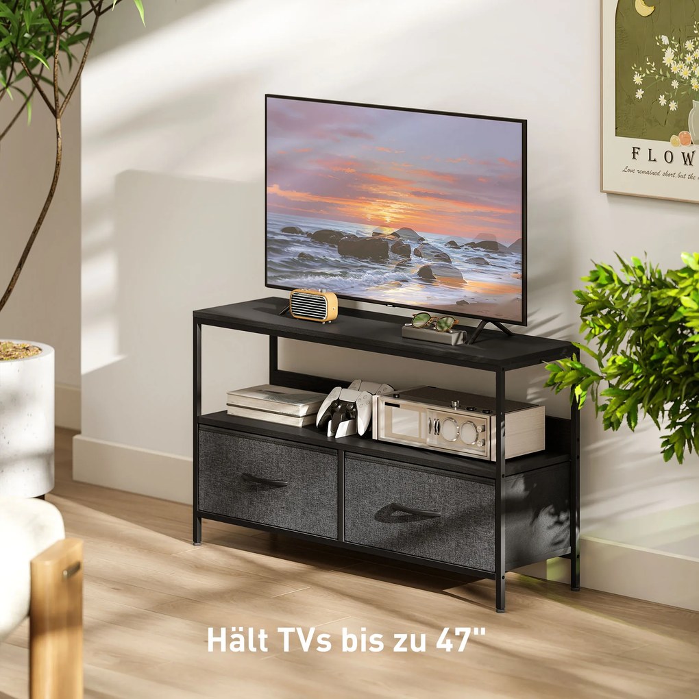 HOMCOM TV skříňka Lowboard se 2 zásuvkami, otevřeným prostorem, pro televizory do 47 palců, 98 x 29 x 56 cm, černá + tmavě šedá