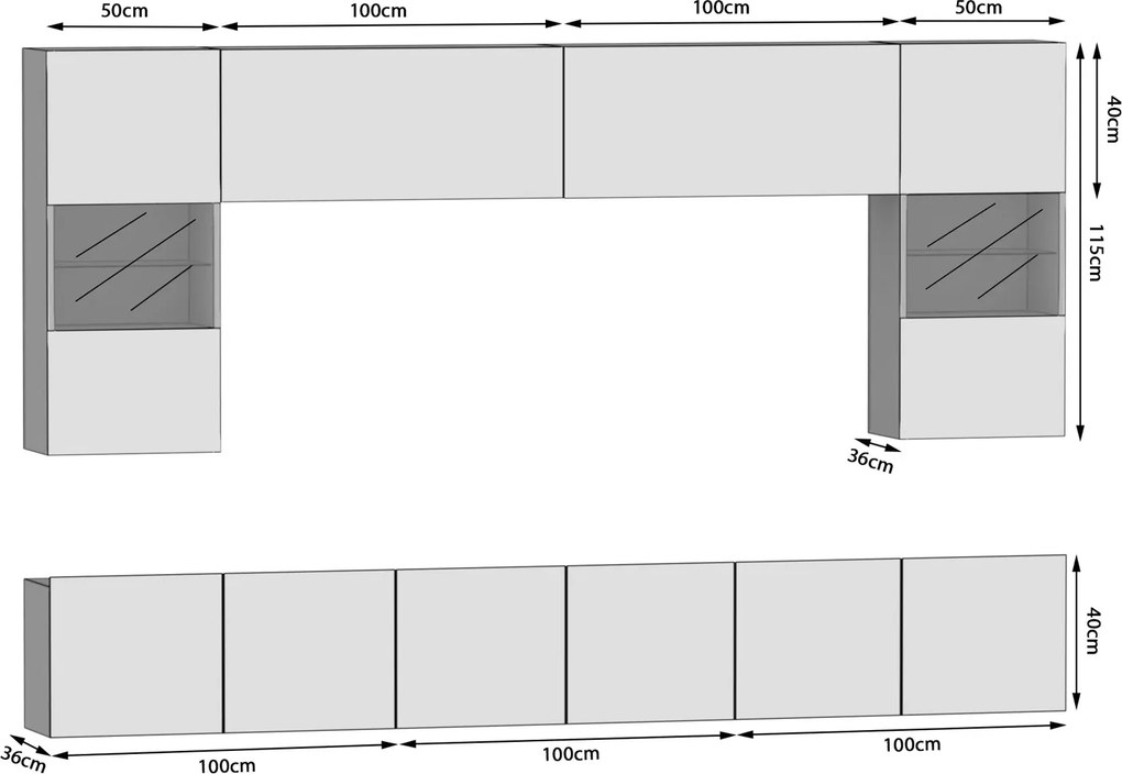 Obývací stěna 300 cm TV/RTV šedý lesk IMP 1/5/W/S/0/0