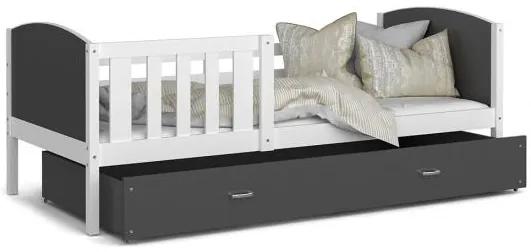 Dětská postel TAMI P 90x200 cm s bílou konstrukcí v šedé barvě se šuplíkem
