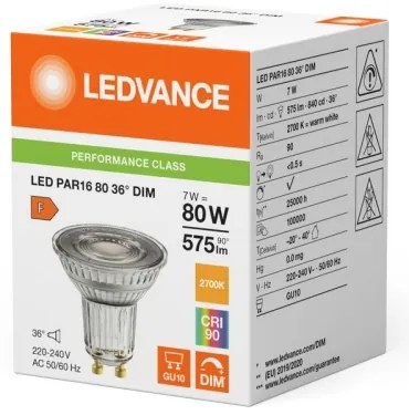 LED žárovka GU10 LEDVANCE 7W (80W) teplá bílá (2700K) stmívatelná reflektor 36°