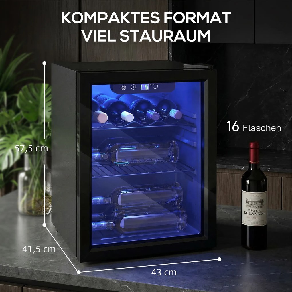 HOMCOM Chladnička na víno pro 16 lahví, kapacita 48 l, 4–16 °C, vestavná chladnička na nápoje a pivo, se skleněnými dveřmi, LED osvětlení
