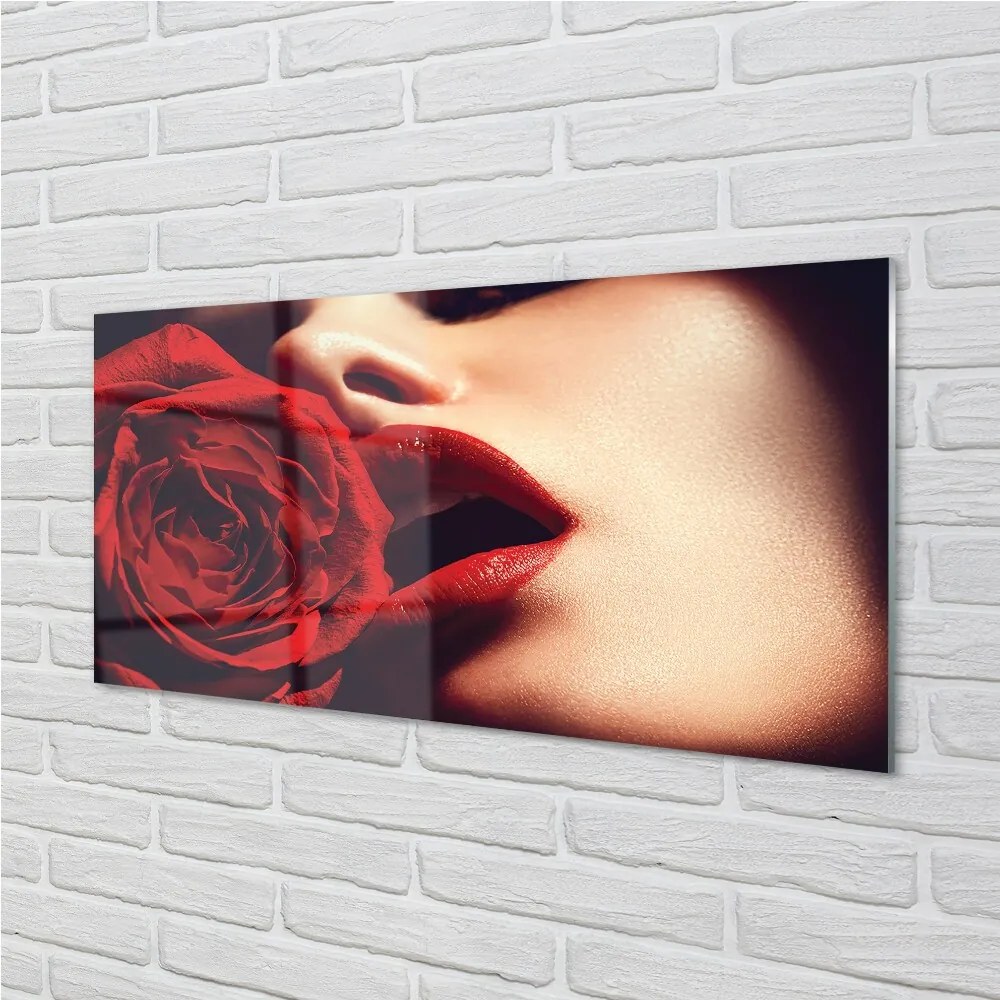 Obraz na skle Rose žena v ústech 140x70 cm