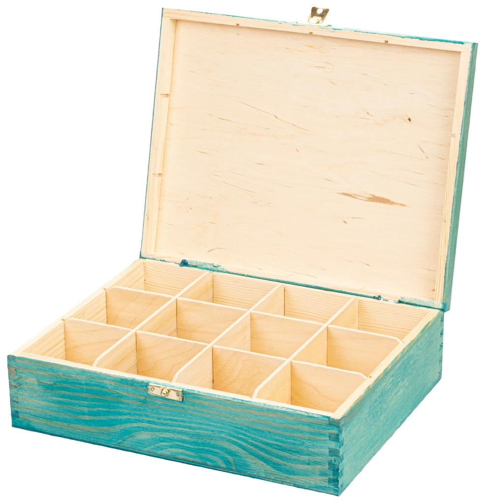 FK Dřevěná krabička na čaj s přihrádkami, se zámkem - 29x23x8 cm, Přírodní