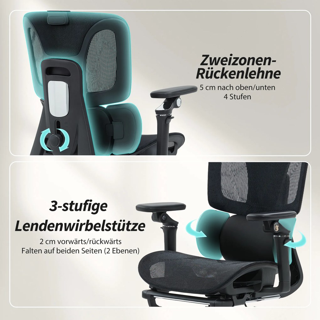 HOMCOM ergonomická kancelářská židle — nastavitelná bederní opora a opěrka hlavy, 5D područky, dělené opěradlo, výsuvná opěrka nohou, výškově nastavi…