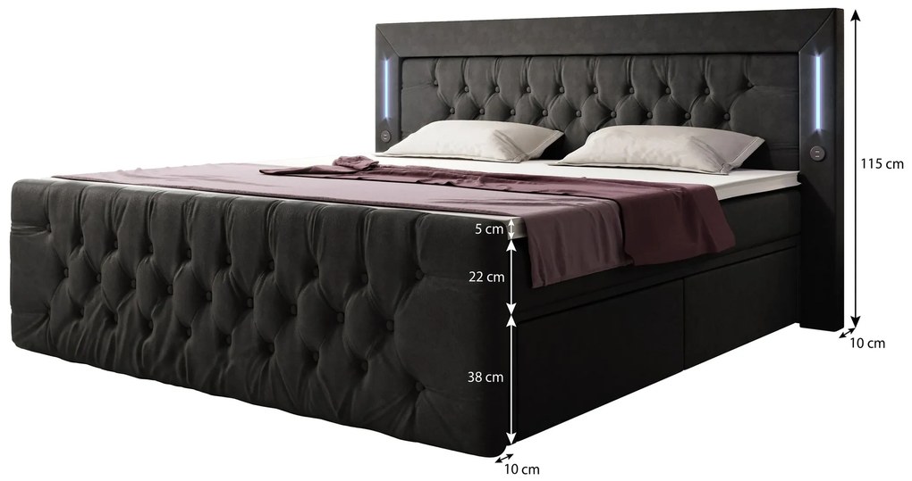 K&M postele Boxspring postel DIVAT s úložným prostorem, LED a USB Velikost postele: 160 × 200 cm, Výběr matrace: Taštičková zónová matrace - měkká (7…