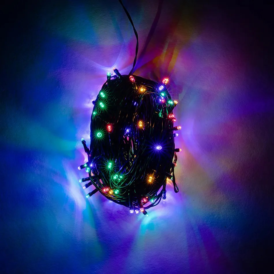 LED světelný řetěz, venkovní, 20 m, barevný, 100 diod, černý kabel, IP44, vč. zdroje
