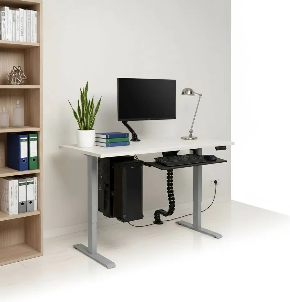 Výškově nastavitelný stůl OfficeTech D, 140 x 80 cm, šedá podnož, bílý jasan