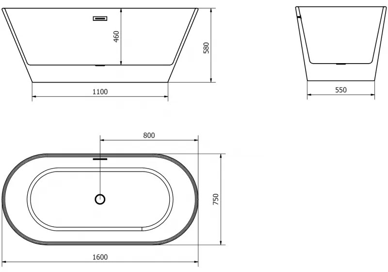 Mexen Flavia, volně stojící vana 160 x 75 cm, bílá, zlatý matný přepad, 54031608000-55