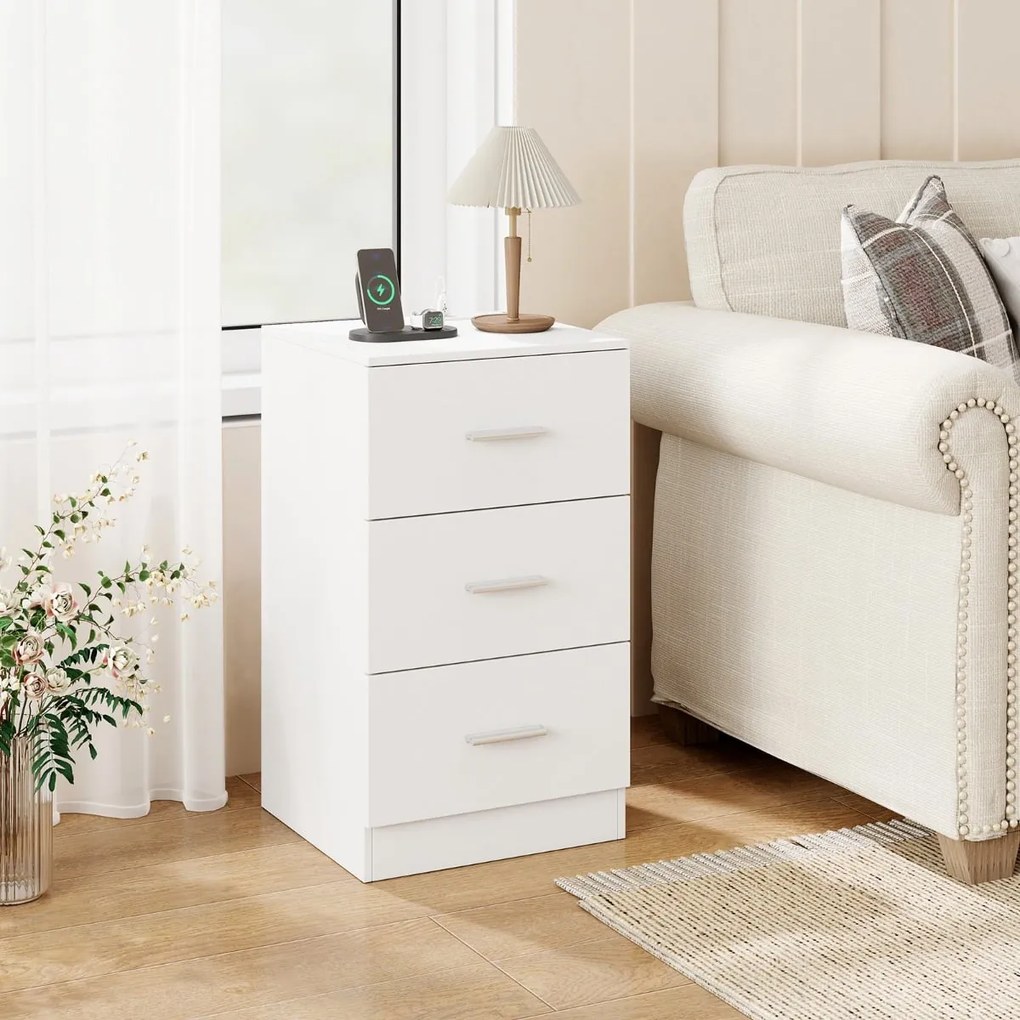 Costway Noční stolek s nabíjecí stanicí moderní s 3 úložnými zásuvkami