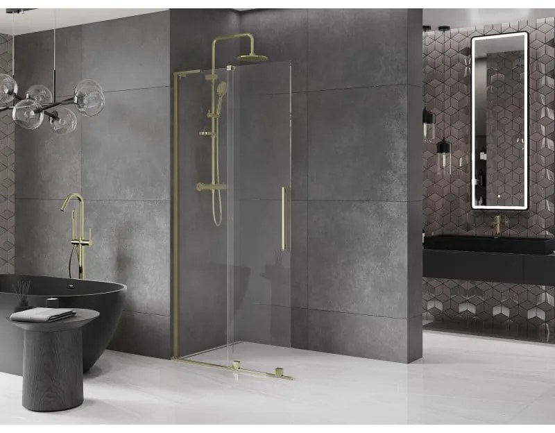Mexen Velar L, posuvná sprchová zástěna Walk-in 100 x 200 cm, 8mm čiré sklo, zlatá lesklá, 871-100-003-03-50