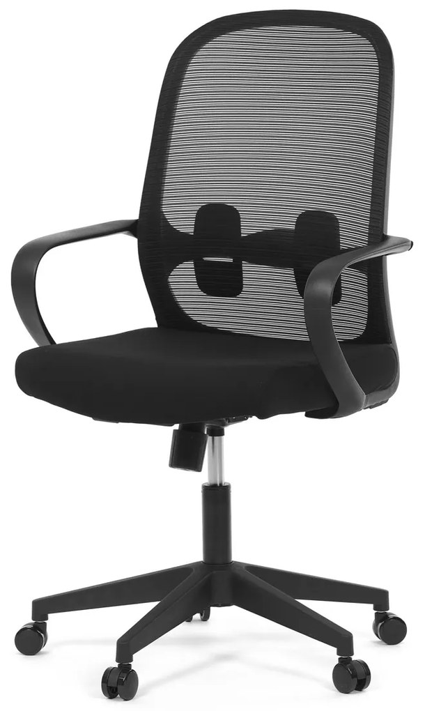 Židle kancelářská, černý MESH a černá látka, plastový kříž, houpací mechanismus.
