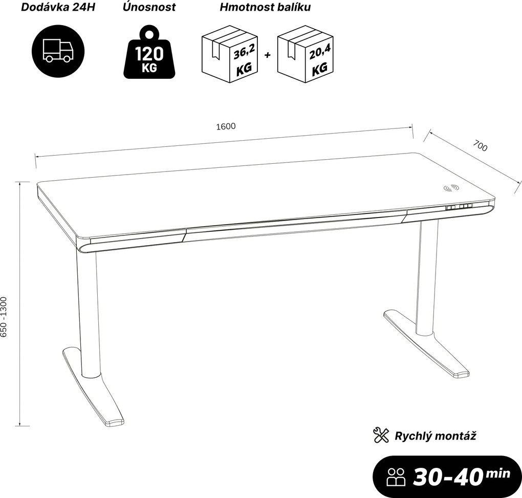 Elektrický psací stůl sit-stand se zásuvkou a bezdrátovou nabíječkou Qi černý/ořech, 1600 mm: ELLIS