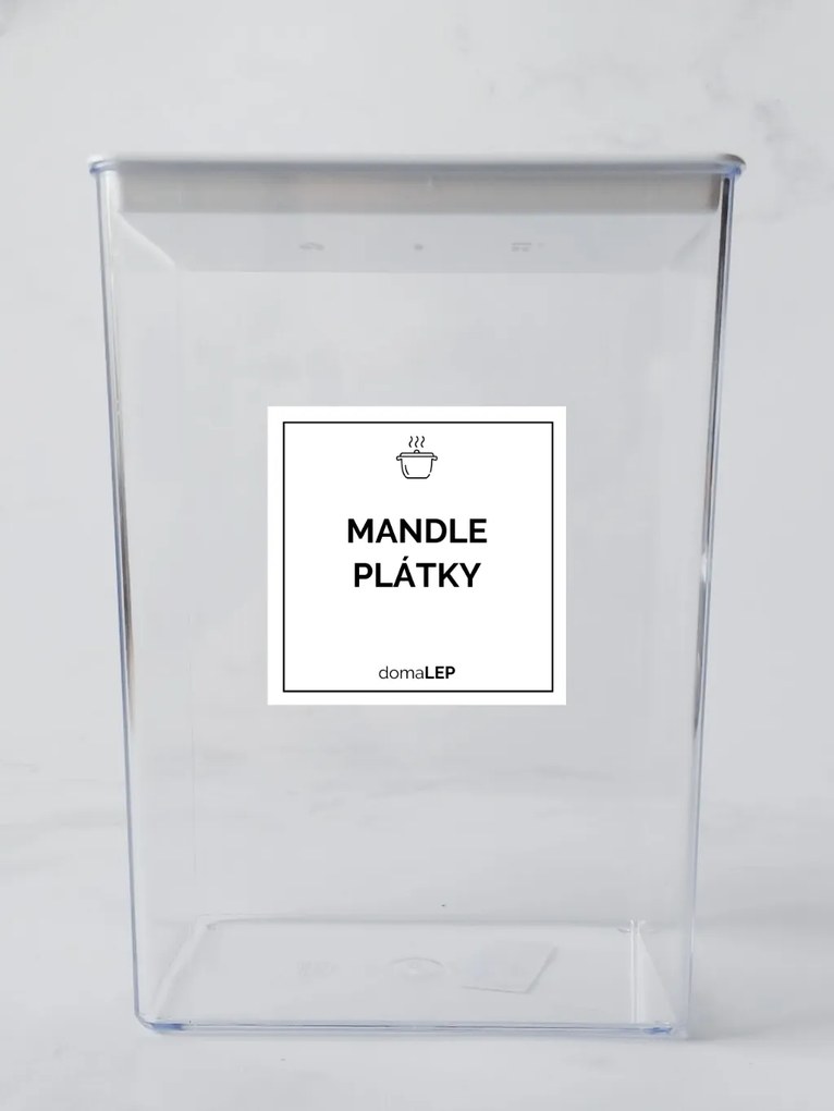 MANDLE – bílá samolepka na dózu, tučné písmo, 5 x 5 cm | DomaLEP