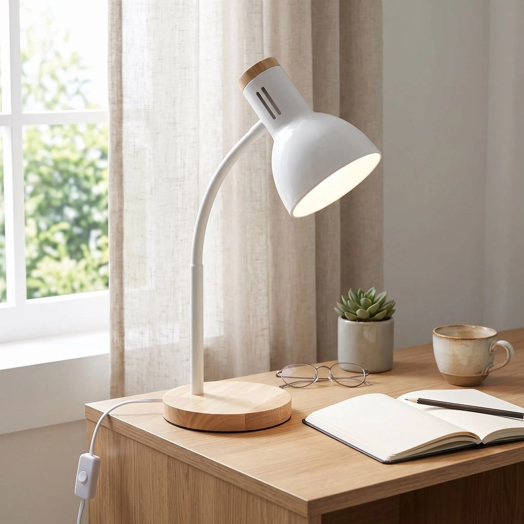 Toolight Toolight, JNH046-1T, stolní lampa s dřevěnou základnou a ohebným ramenem, v. 45,3 cm, 1× E27, bílá, OSW-56238