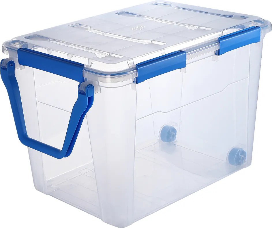 Box s víkem EZY vodotěsný, 66,6 × 46,9 × 45,9 cm, 100 l, transparentní