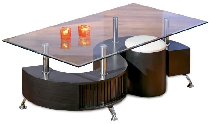 Konferenční stolek, 2 taburetky, ekokůže bílá/ořech, OTELO