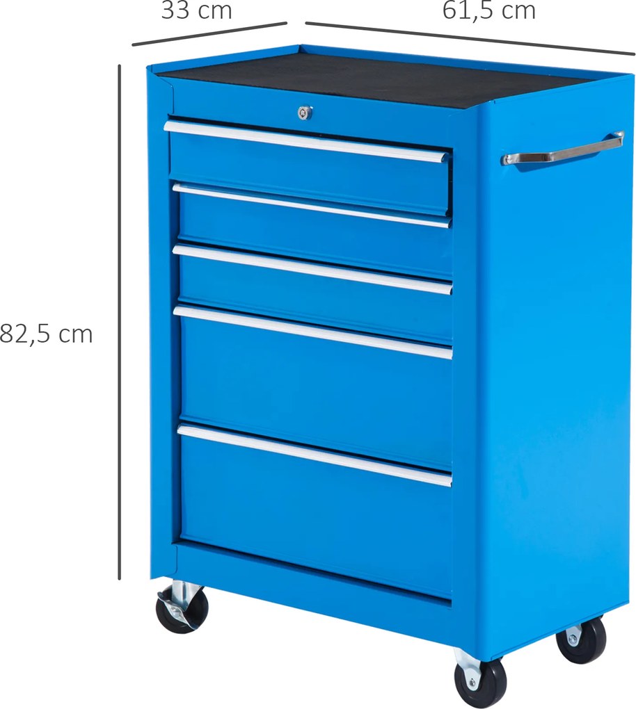 Skříňka na nářadí, box na nářadí, 5 zásuvek, na kolečkách, ocel, modrá