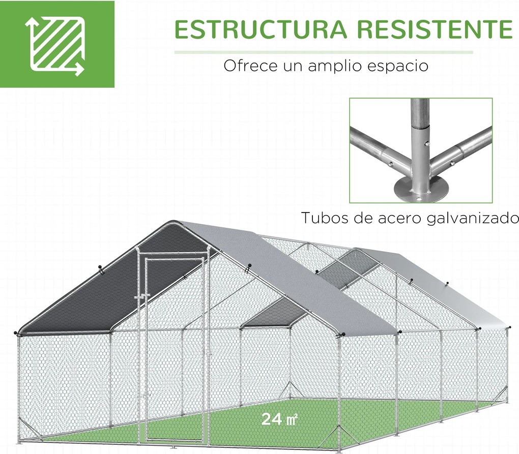 PawHut Velký venkovní kurník 24 m² pro 16-24 slepic 3x8x2 m Galvanizovaný ocelový kurník s PE krytem a zámkem - Stříbrný