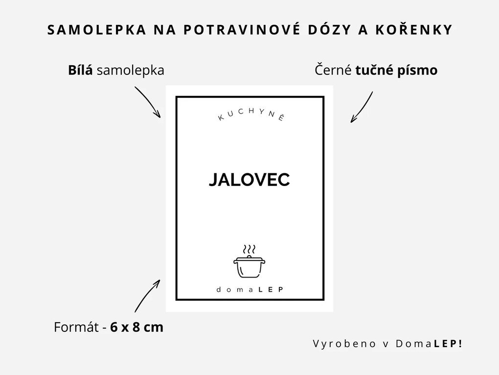 JALOVEC - omyvatelná samolepka na kořenky, výběr rozměrů Ø 5 cm / 5 x 5 cm / 6 x 8 cm | DomaLEP tvar: KOLEČKO, barva: BÍLÁ - ČERNÉ písmo, velikost: Ø 5 cm - základní písmo