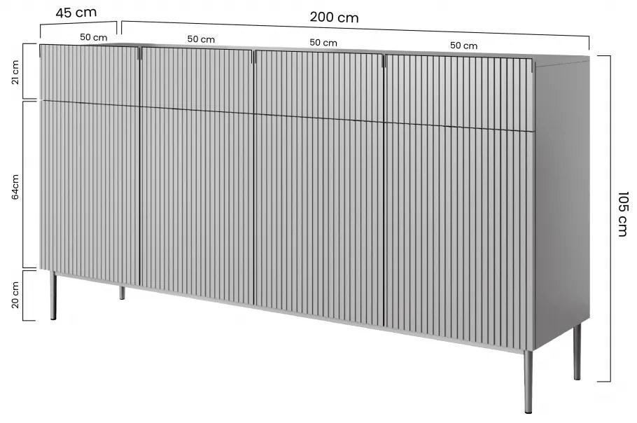 Komoda Nicole 200 cm se čtyřmi zásuvkami - antická růžová / černé nožky