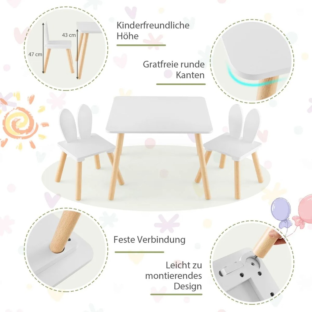 Costway Dětský stůl se 2 židlemi 3 kusy. Kindersitzgruppe mit Massivholzbeine