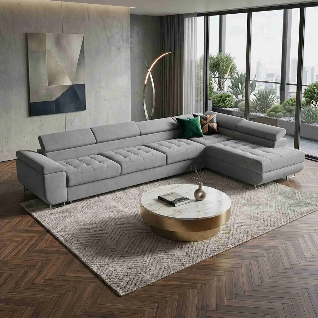 Rohová rozkládací sedací souprava do L AURORA, 331 cm, s úložným prostorem Roh pohovky: Pravý roh, Barva látky Monolith: Světle šedá (Monolith 84)