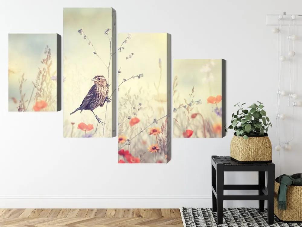 Vícedílný obraz Pták Mezi Divokými Květinami Nedostatek Nedostatek Plátno Canvas 80x50
