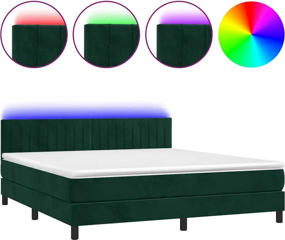Box spring postel s matrací a LED tmavě zelená 160x200 cm samet 3134534