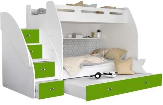 Patrová postel ZUZKA pro 3 osoby s přistýlkou (různé barvy), Zelená