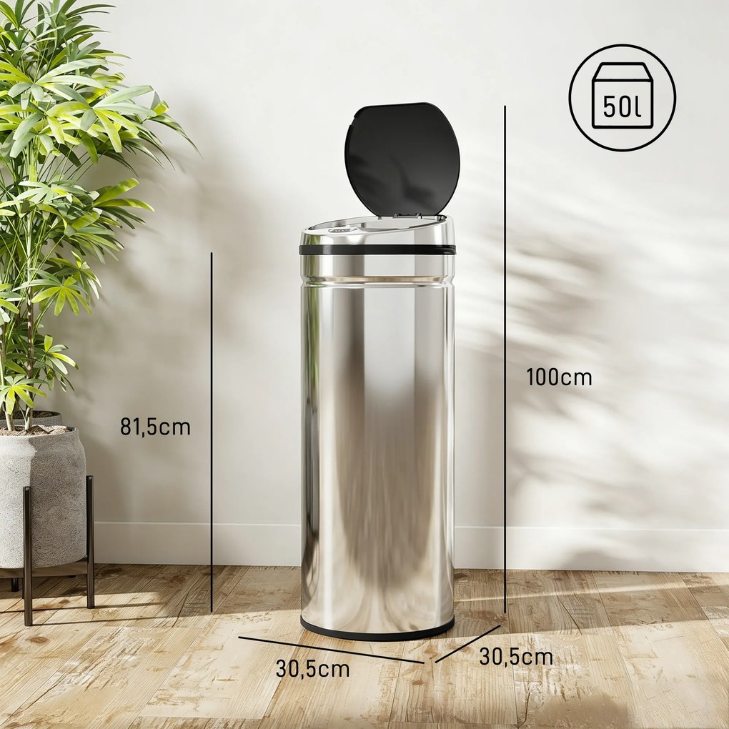 HOMCOM 50 l automatický odpadkový koš, nerezový, s pohybovým senzorem, černý a stříbrný